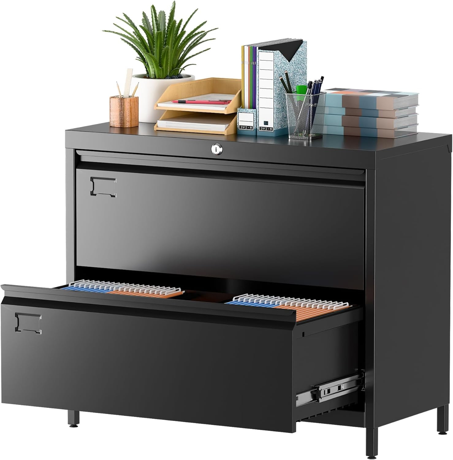 Lateral File Cabinet with 2 Drawer,Metal Wide Filing Cabinet with Lock and Business Card Slot ...