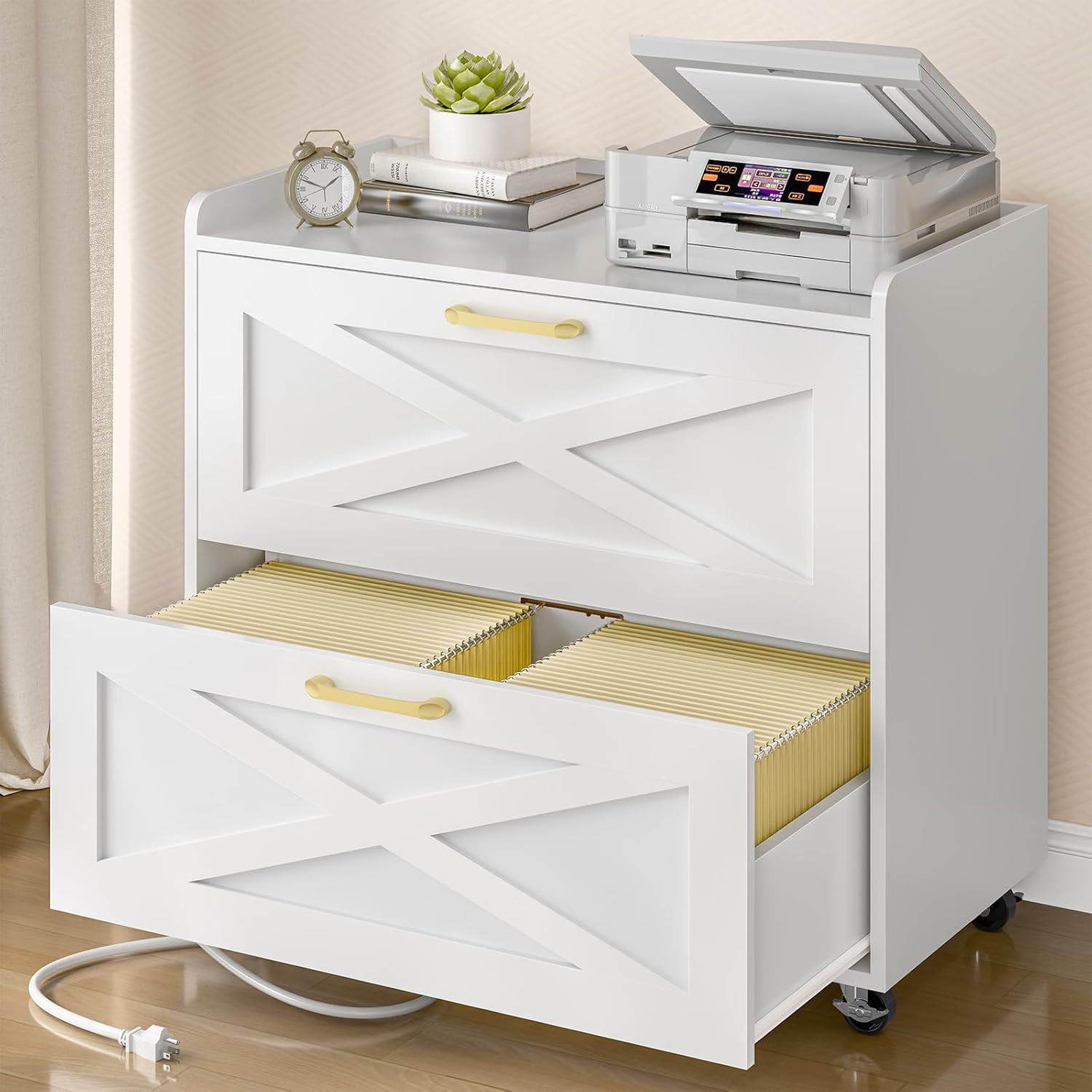 Lateral File Cabinet 2 Drawer Mobile File Cabinet with Charging Station ...