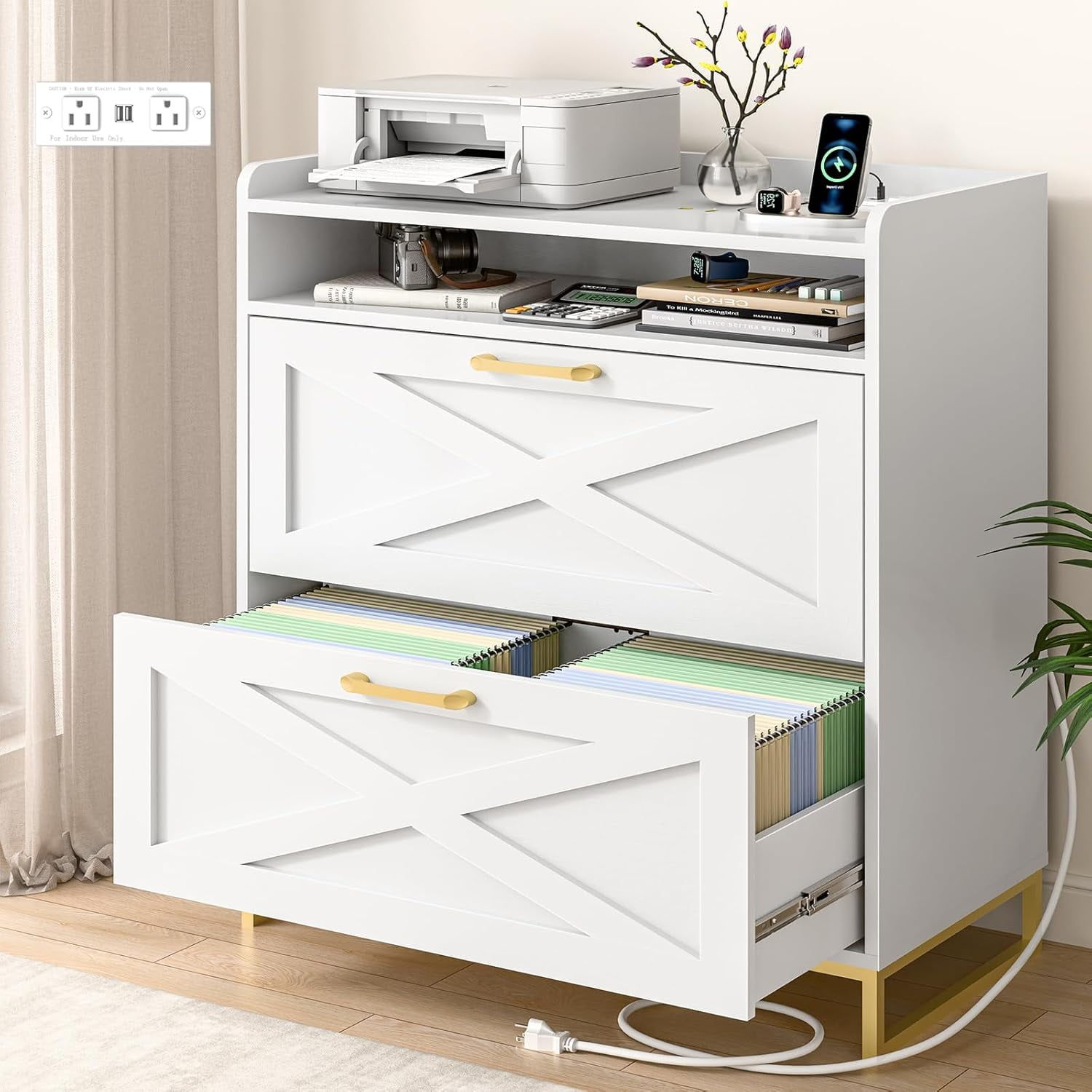 Lateral File Cabinet 2 Drawers File Cabinet with Charging Station for ...