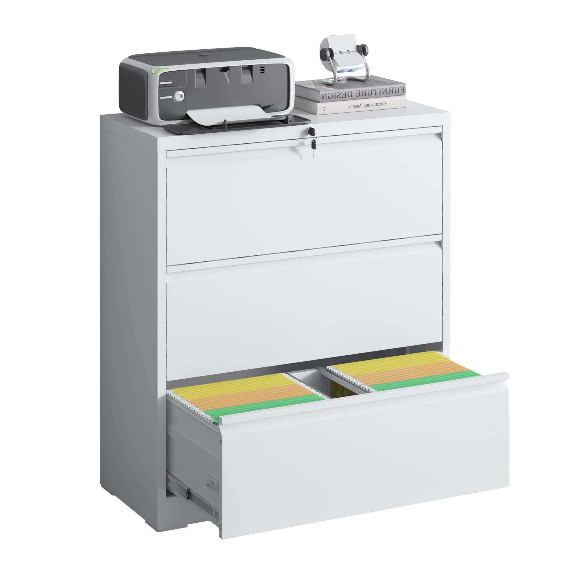 Lateral File Cabinet 3 Drawer, White Filing Cabinet with Lock, Lockable ...