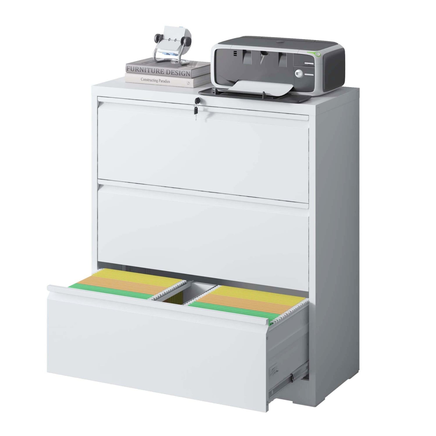 Lateral File Cabinet 3 Drawer White Filing Cabinet with Lock Lockable ...