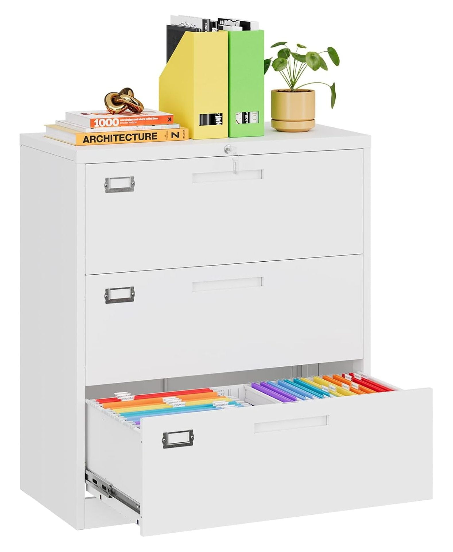 Lateral File Cabinet 3 Drawer, White Metal Filing Cabinet with Lock ...