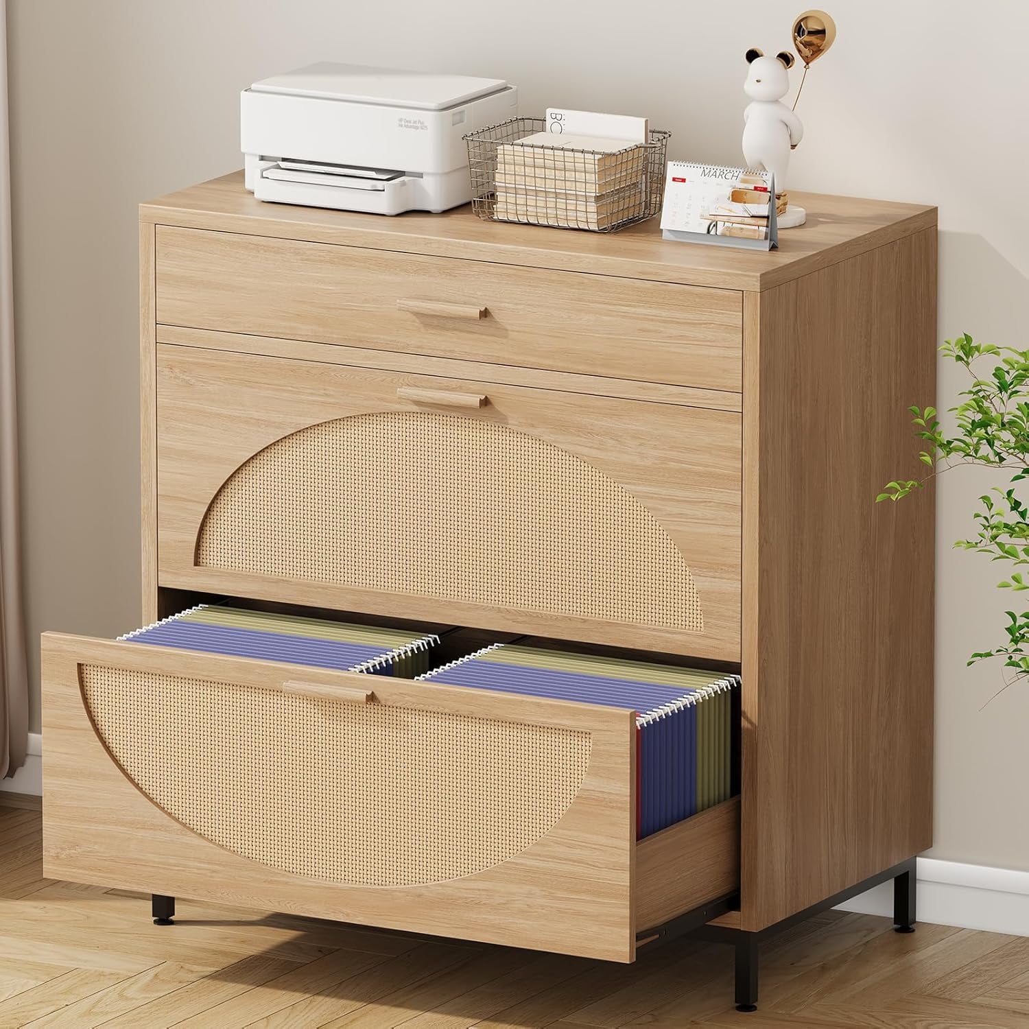 Lateral File Cabinet with 3 Drawers, Eco Rattan Wood File Cabinet for ...