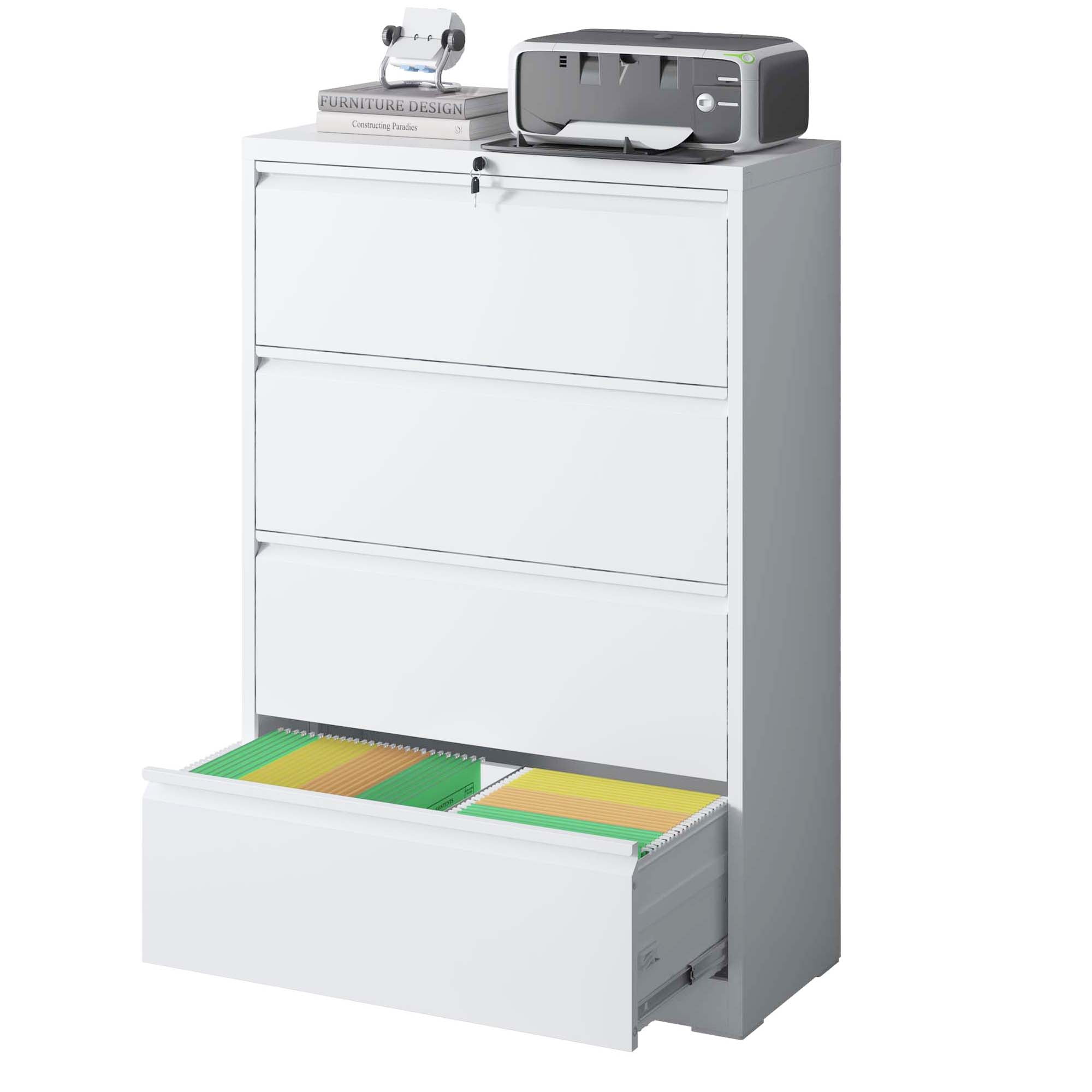 Lateral File Cabinet 4 Drawer, White Filing Cabinet with Lock, Lockable ...