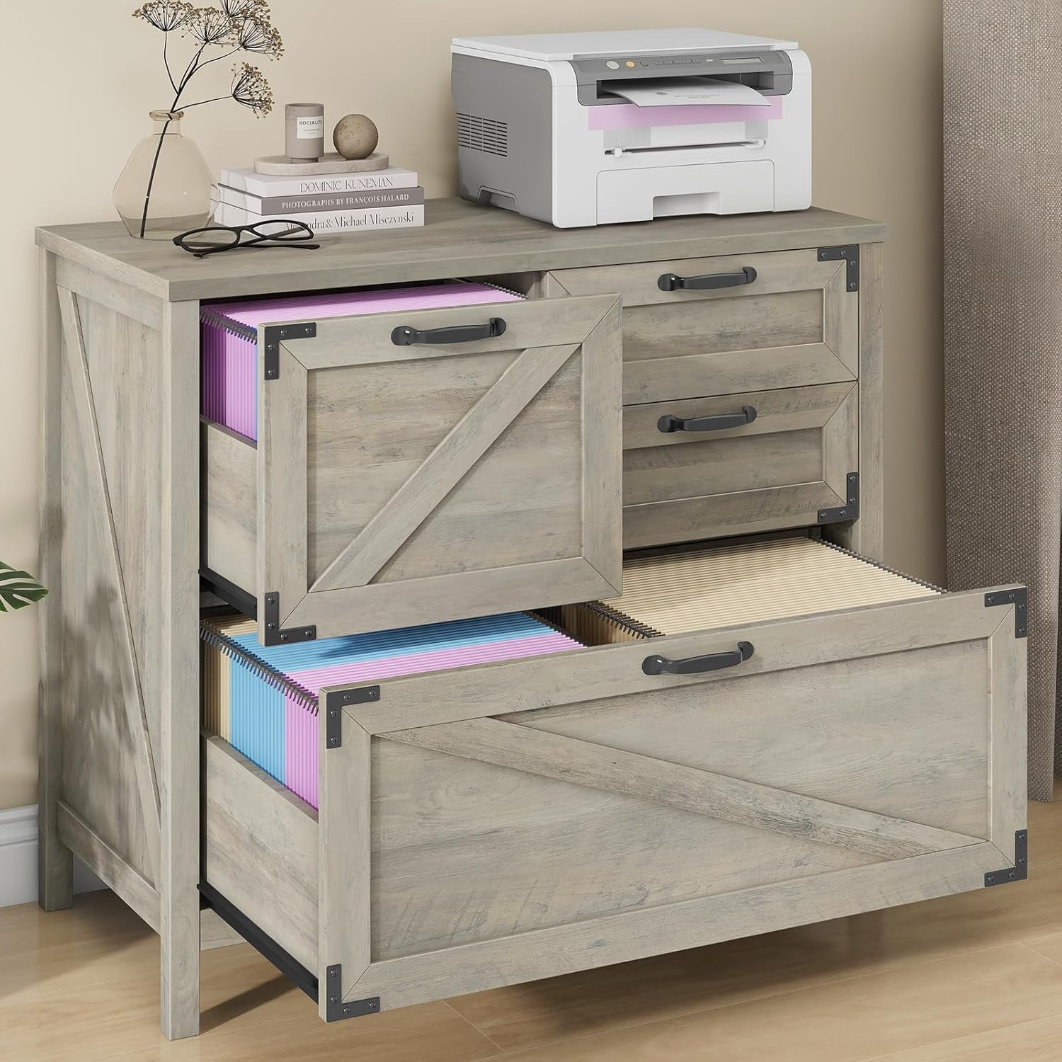Lateral File Cabinet with 4 Drawers, Farmhouse File Cabinet for Letter ...