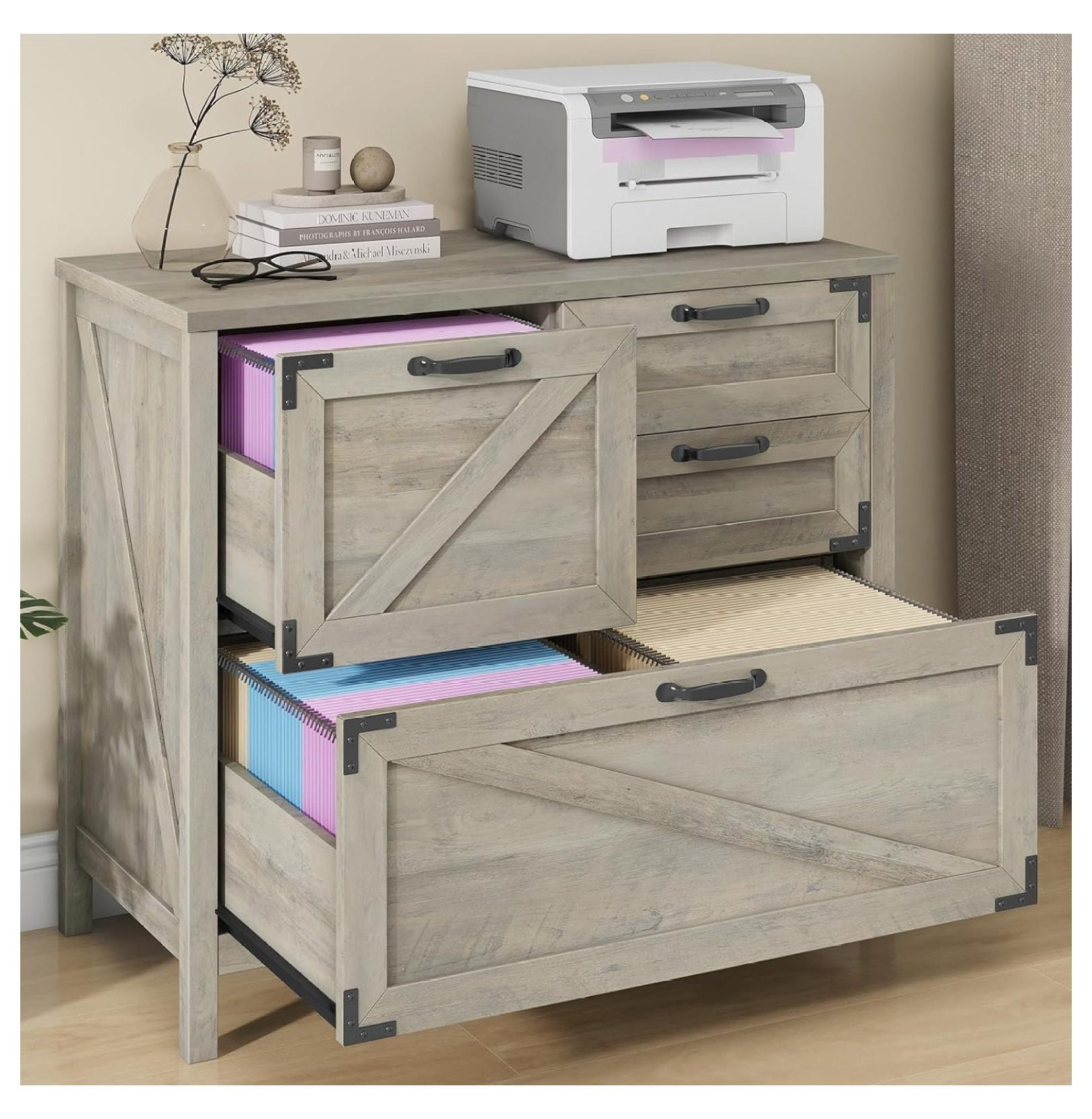 Lateral File Cabinet with 4 Drawers, Farmhouse File Cabinet for Letter ...