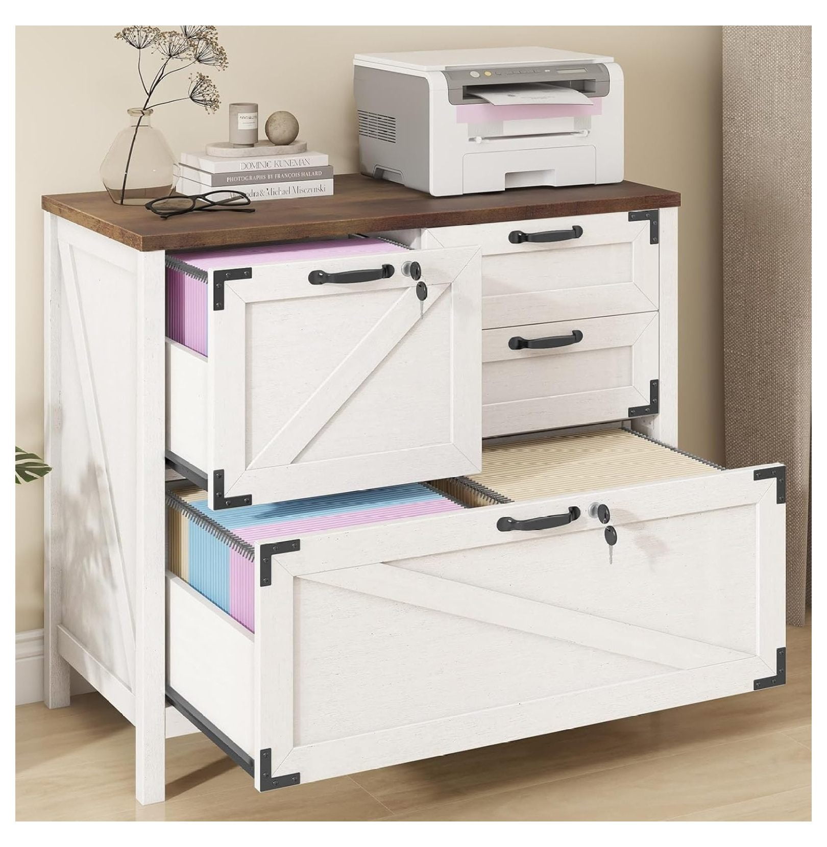 Lateral File Cabinet with 4 Drawers, Farmhouse File Cabinet for Letter ...