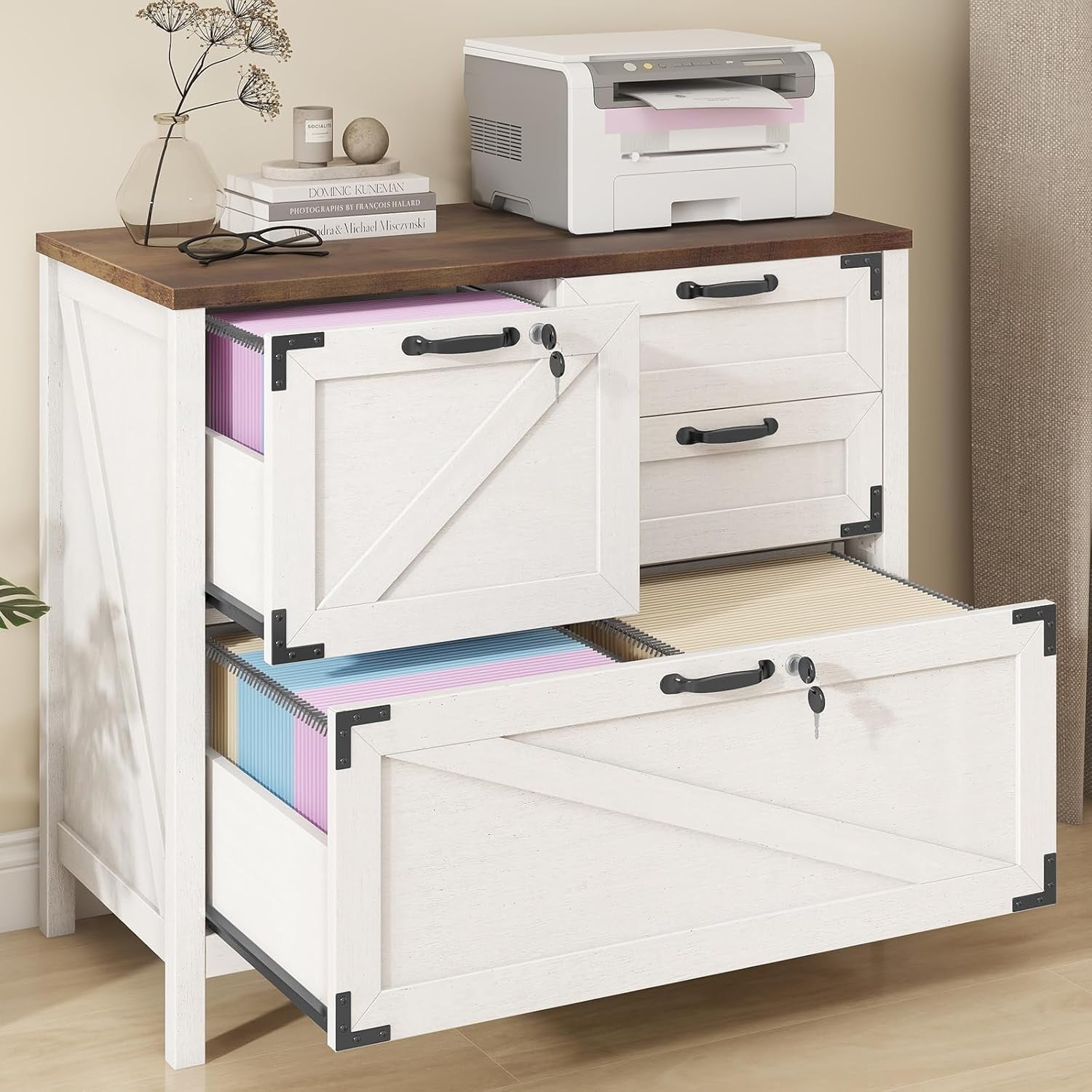 Lateral File Cabinet with 4 Drawers, Farmhouse File Cabinet for Letter ...