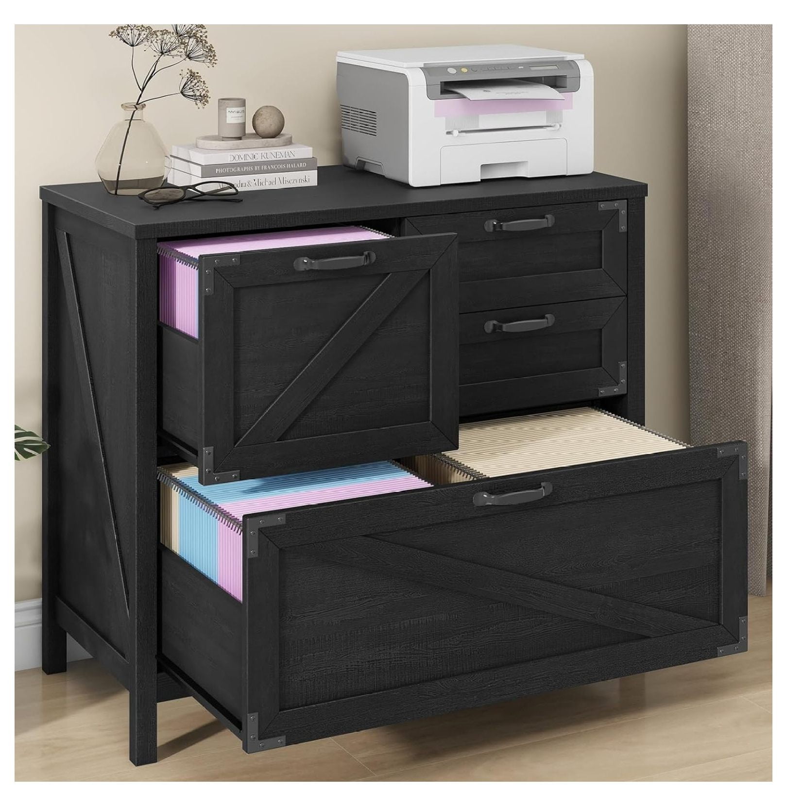 Lateral File Cabinet with 4 Drawers, Farmhouse File Cabinet for Letter ...