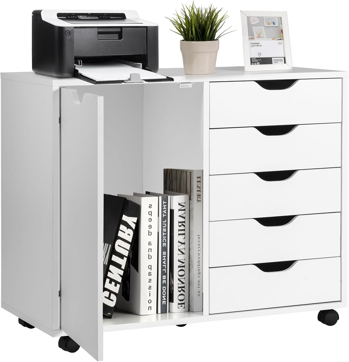 Lateral File Cabinet, 5 Drawers Chest & 1 Side Cabinet, Rolling Storage ...