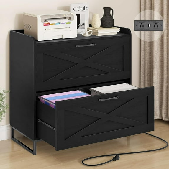 Lateral File Cabinet with Charging Station, 2 Drawer File Cabinet for ...