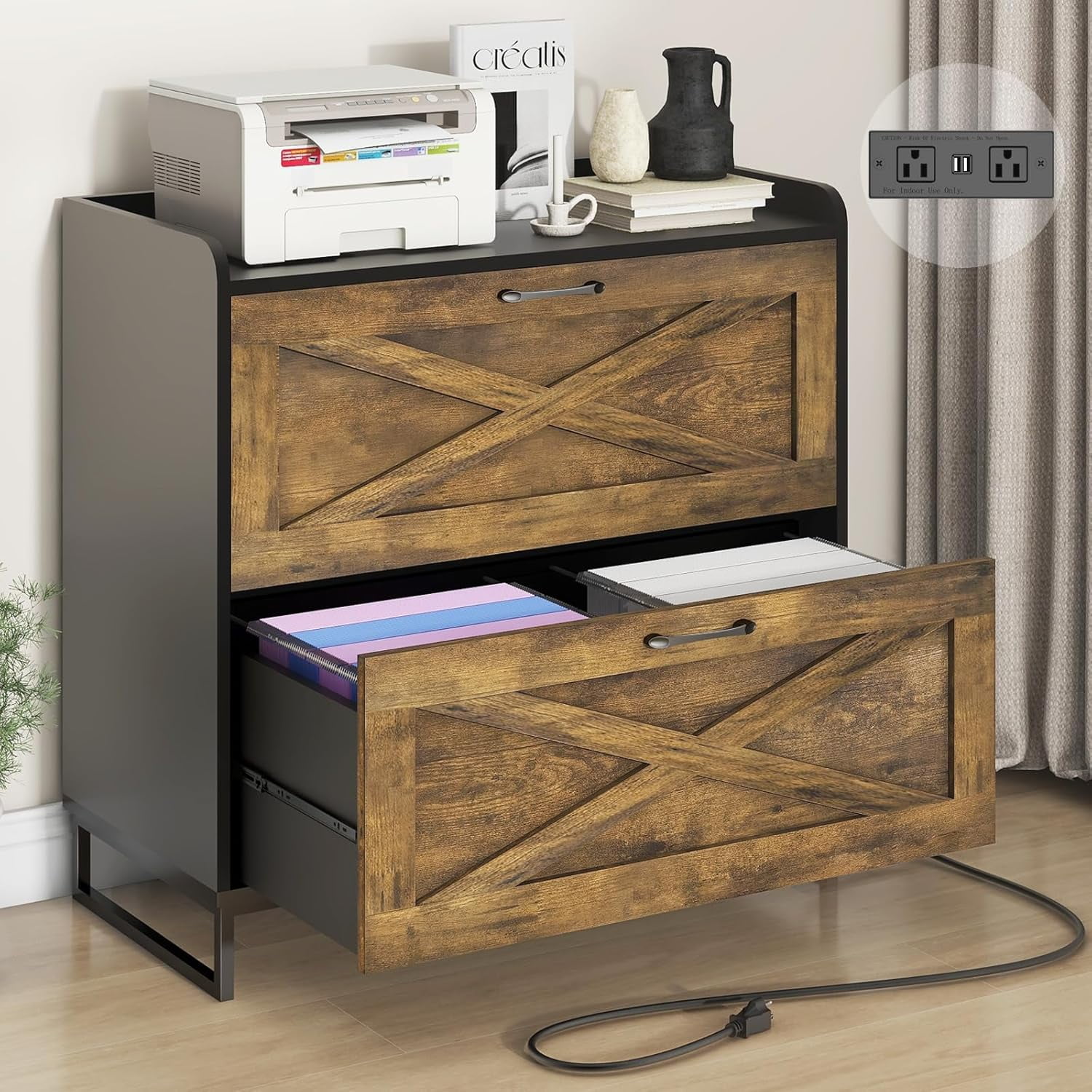 Lateral File Cabinet with Charging Station, 2 Drawer File Cabinet for ...