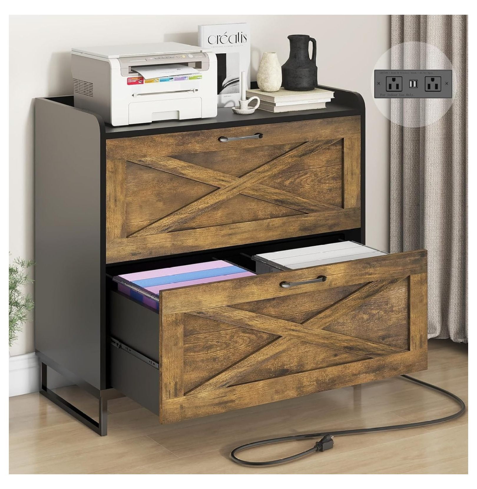 Lateral File Cabinet with Charging Station, 2 Drawer File Cabinet for ...