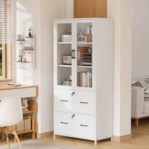 Lateral File Cabinet with Glass Doors and 2 Locking Drawers for Hanging ...