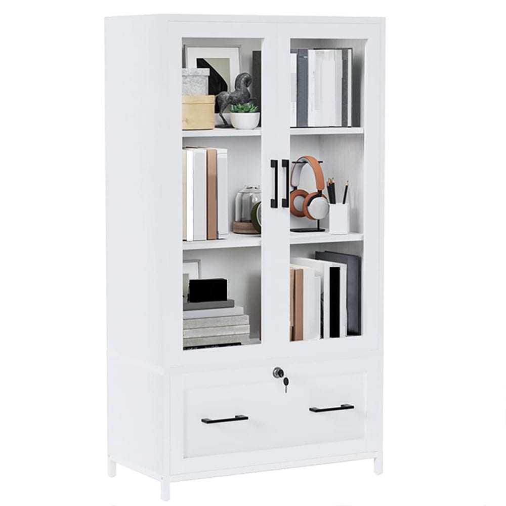 Lateral File Cabinet with Glass Doors and Locking Drawer for Hanging ...