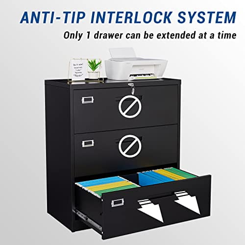 Lateral File Cabinet with Lock, 3 Drawer Large Metal Filing Cabinet ...