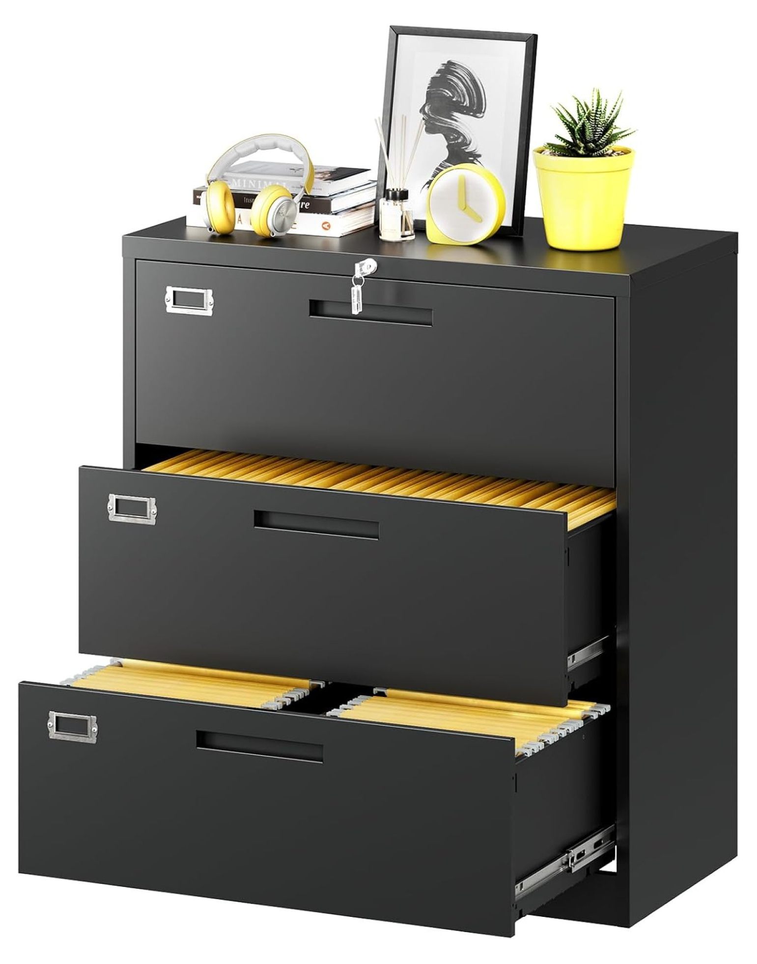Lateral File Cabinet with Lock, 3 Drawer Large Metal Filing Cabinet ...