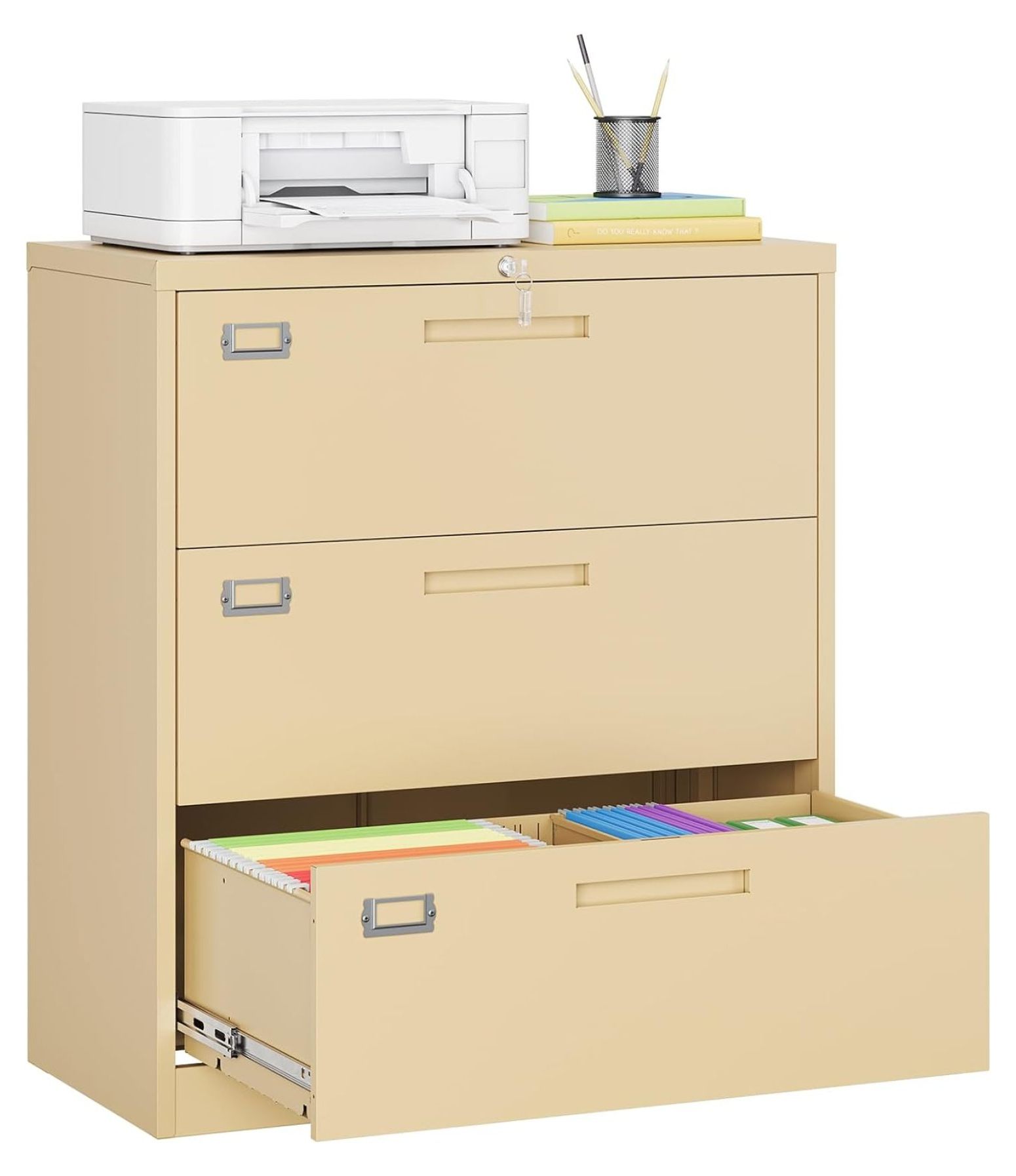 Lateral File Cabinet with Lock, Locking Office Filing Cabinets with 3 ...