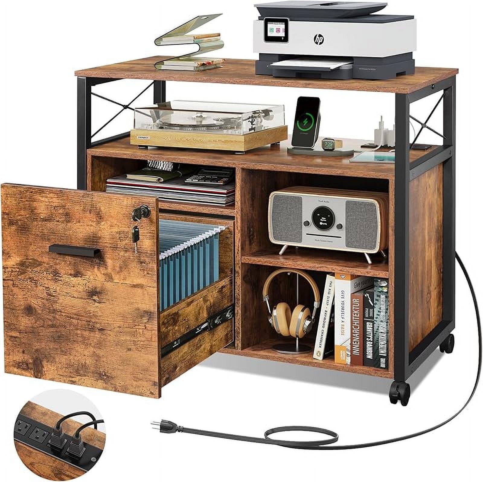 Lateral File Cabinet, Locking Wood Filing Cabinet Rolling Printer Stand ...