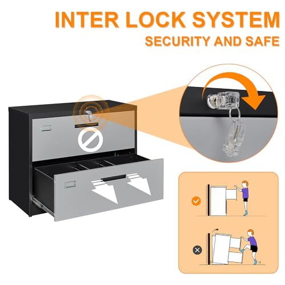 Lateral File Cabinet, Metal Filing Cabinet with Lock, 2 Drawer File ...