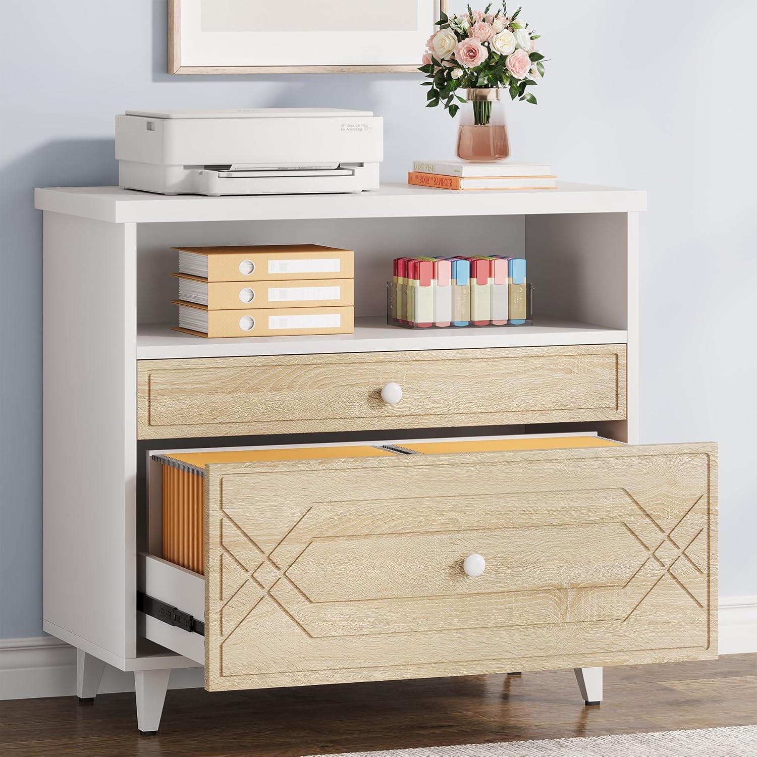 Lateral File Cabinet with Shelf, 2 Drawer Filing Cabinet for A4/Letter ...