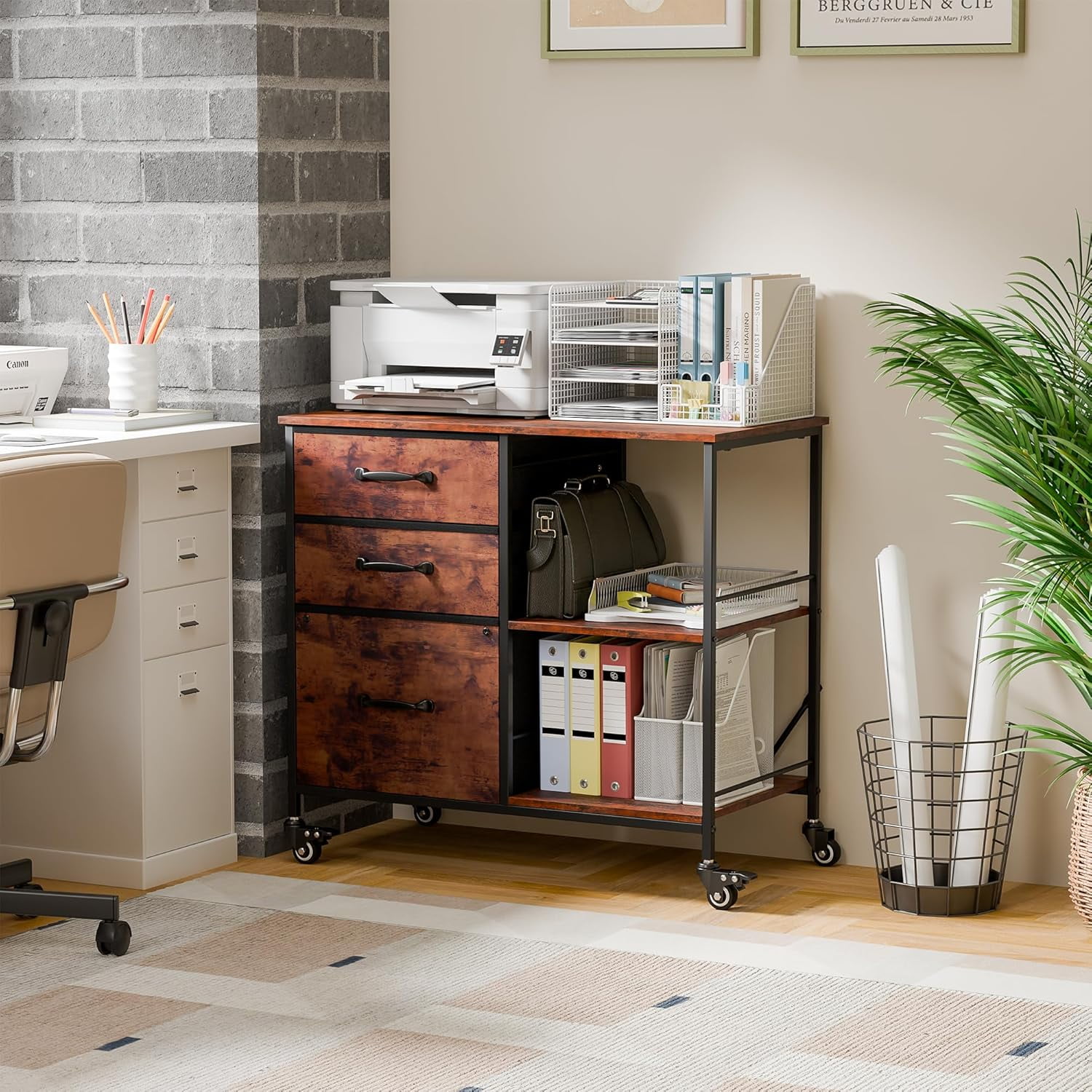 Lateral File Cabinet with 3 Drawers, Mobile Printer Stand, Rolling ...