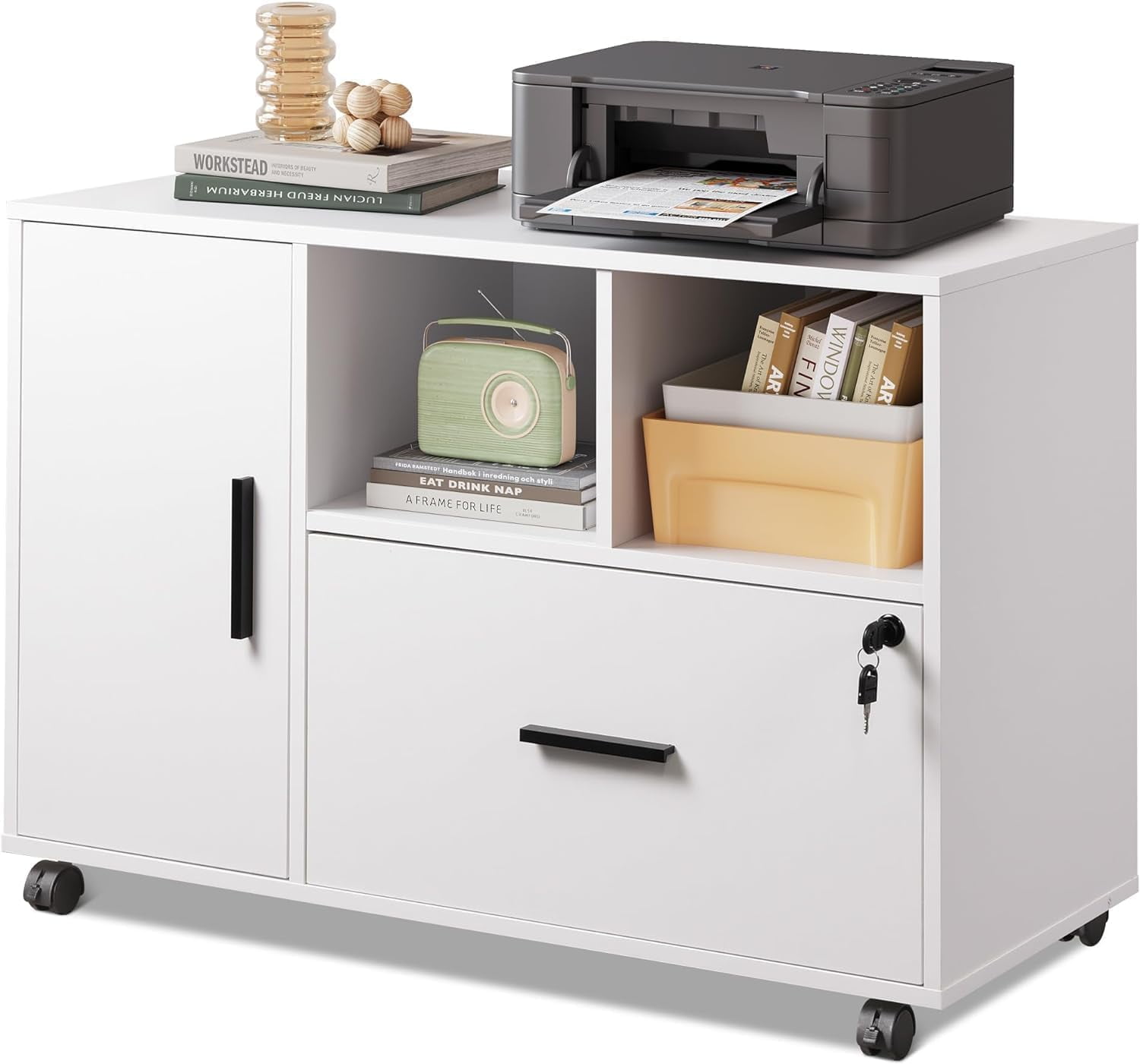 Lateral File Cabinet with Lock, 1-Drawer Rolling Storage, Home Office ...