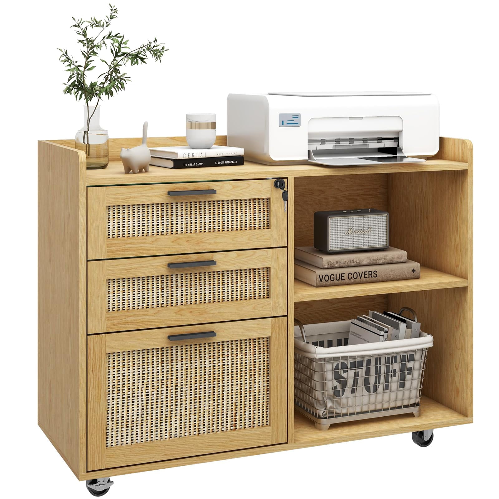 Lateral Rattan File Cabinet, 3 Drawers Home Office Filing Cabinet with ...