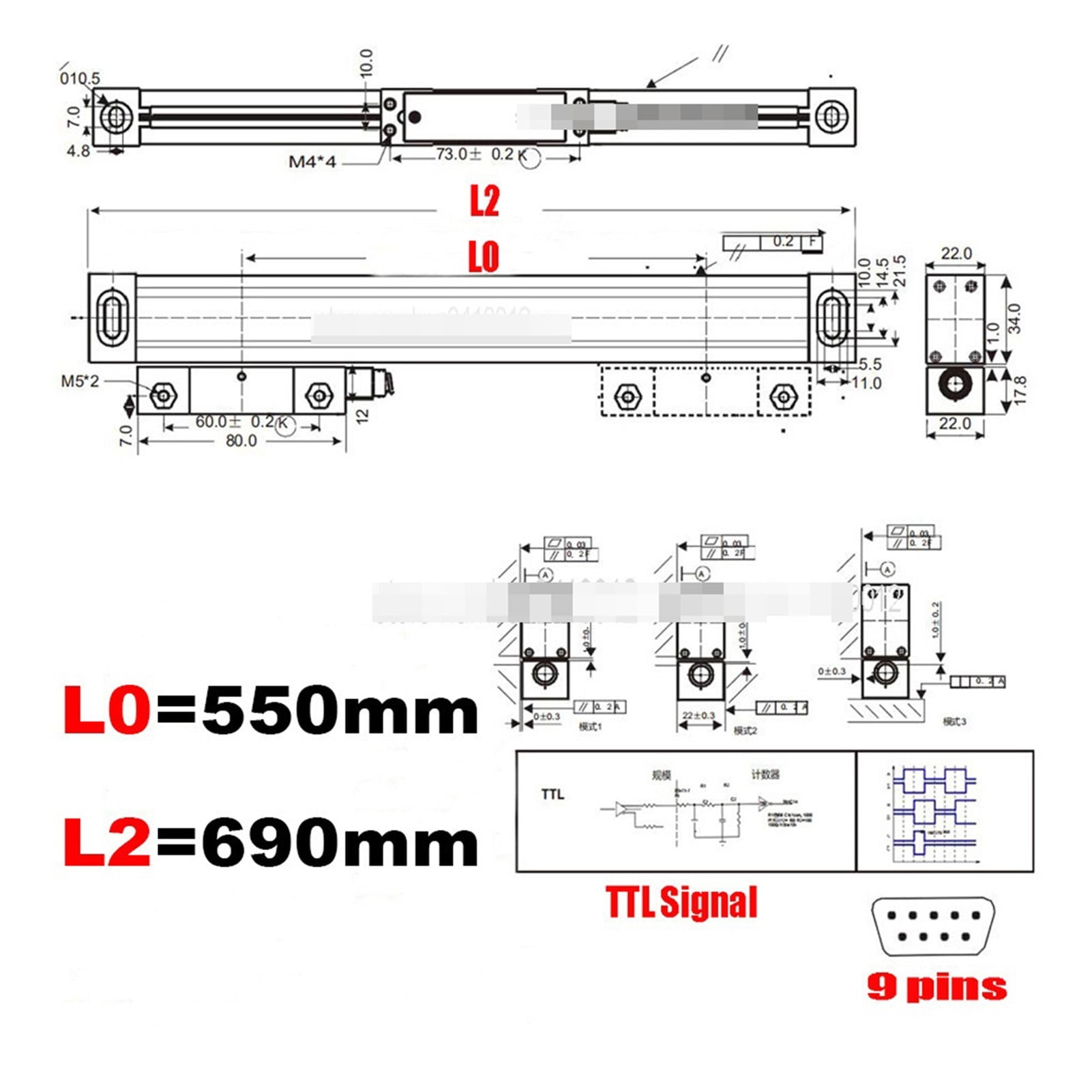 Lathe Linear Encoder 5U 5V Scale Dimensions Optical Ruler 100 200 300 ...