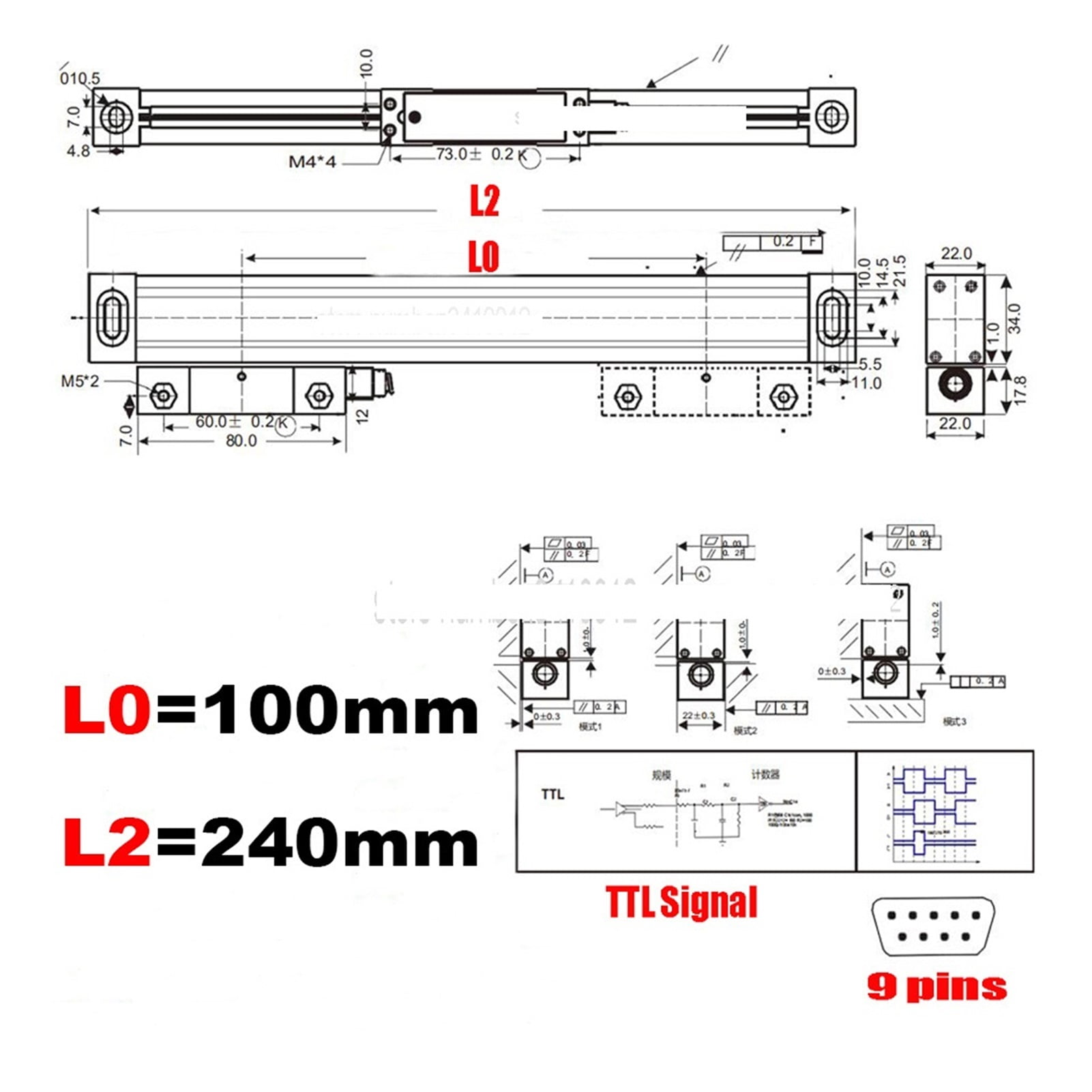 Lathe Linear Encoder Scales 5U 5V TTL Set Optical Line Dimensions 100 ...