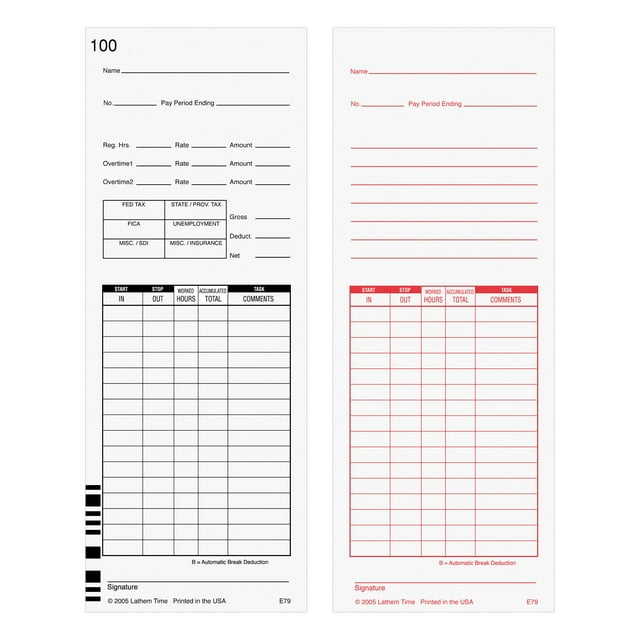 Lathem Time Cards, F/7000E, Numbered 1-100, 2-Sided, 3 3/8" x 9", White ...