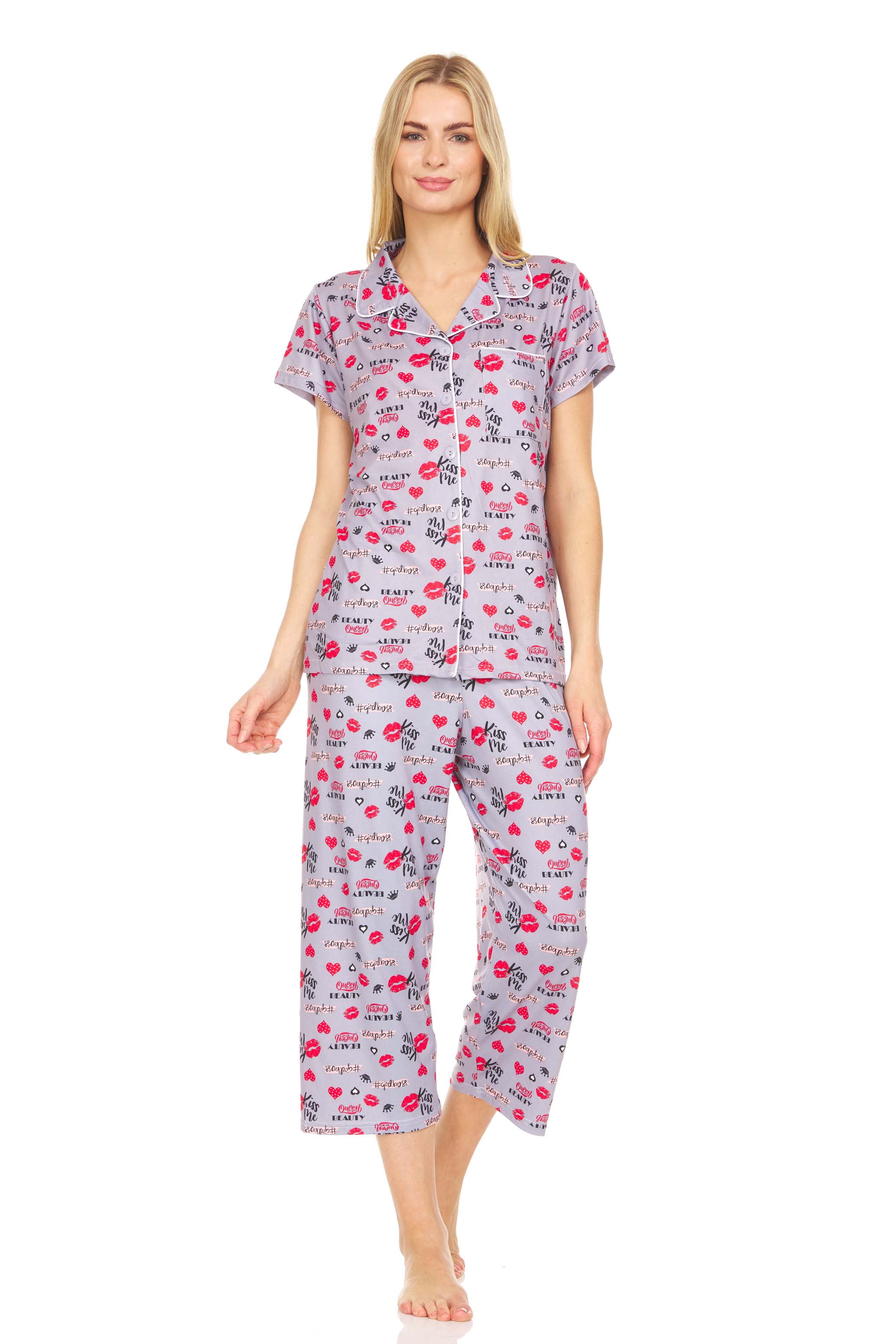 Lati Fashion Women Pajamas Set Capri and Button Down Top Short Sleeve ...