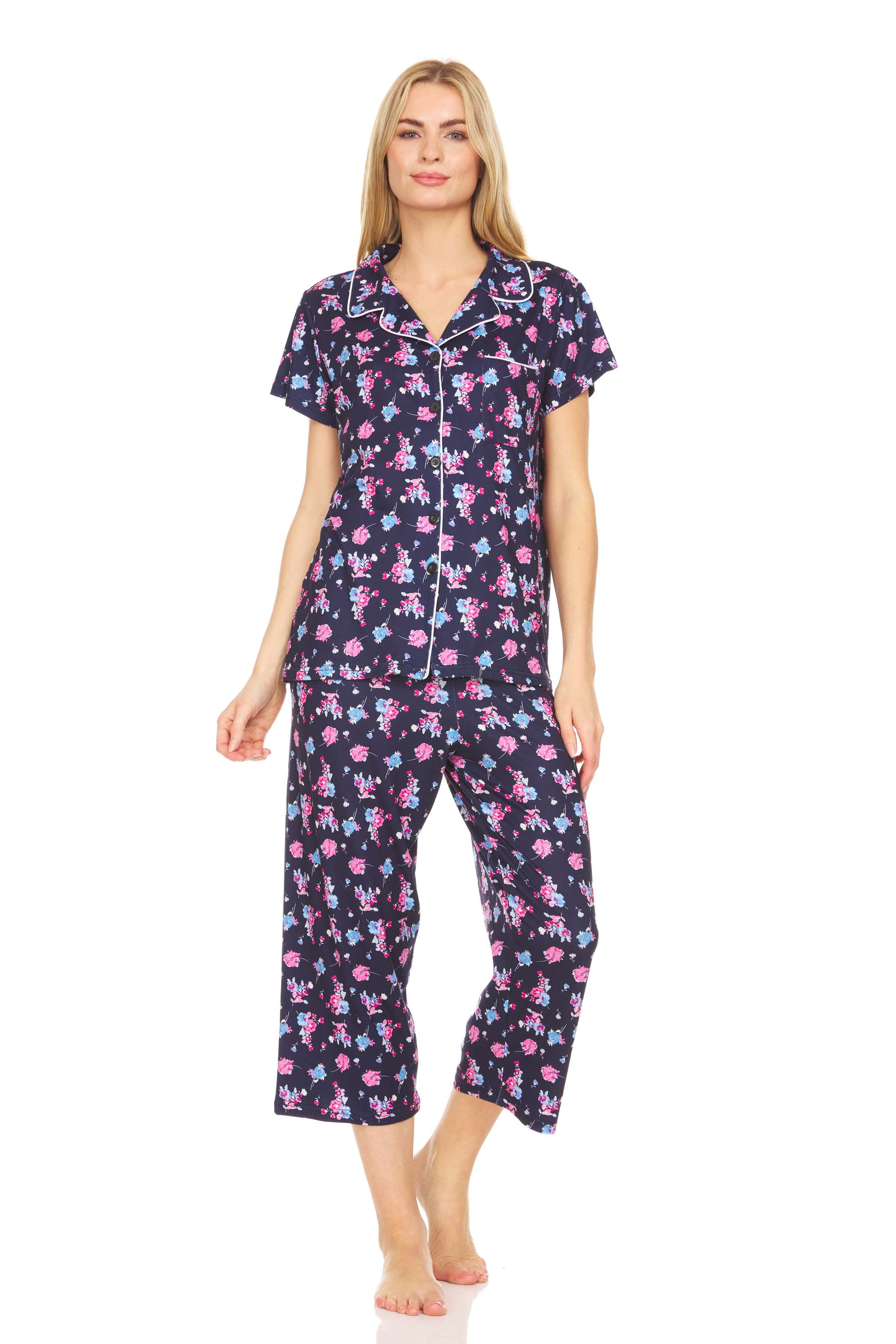 Lati Fashion Women Pajamas Set Capri and Button Down Top Short Sleeve ...