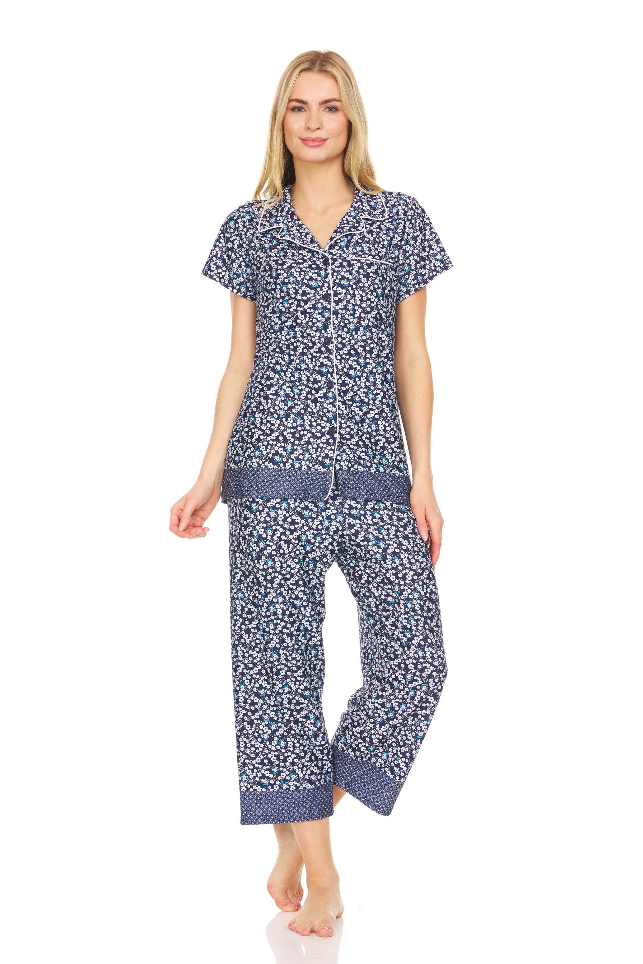 Lati Fashion Women Pajamas Set Capri and Button Down Top Short Sleeve ...