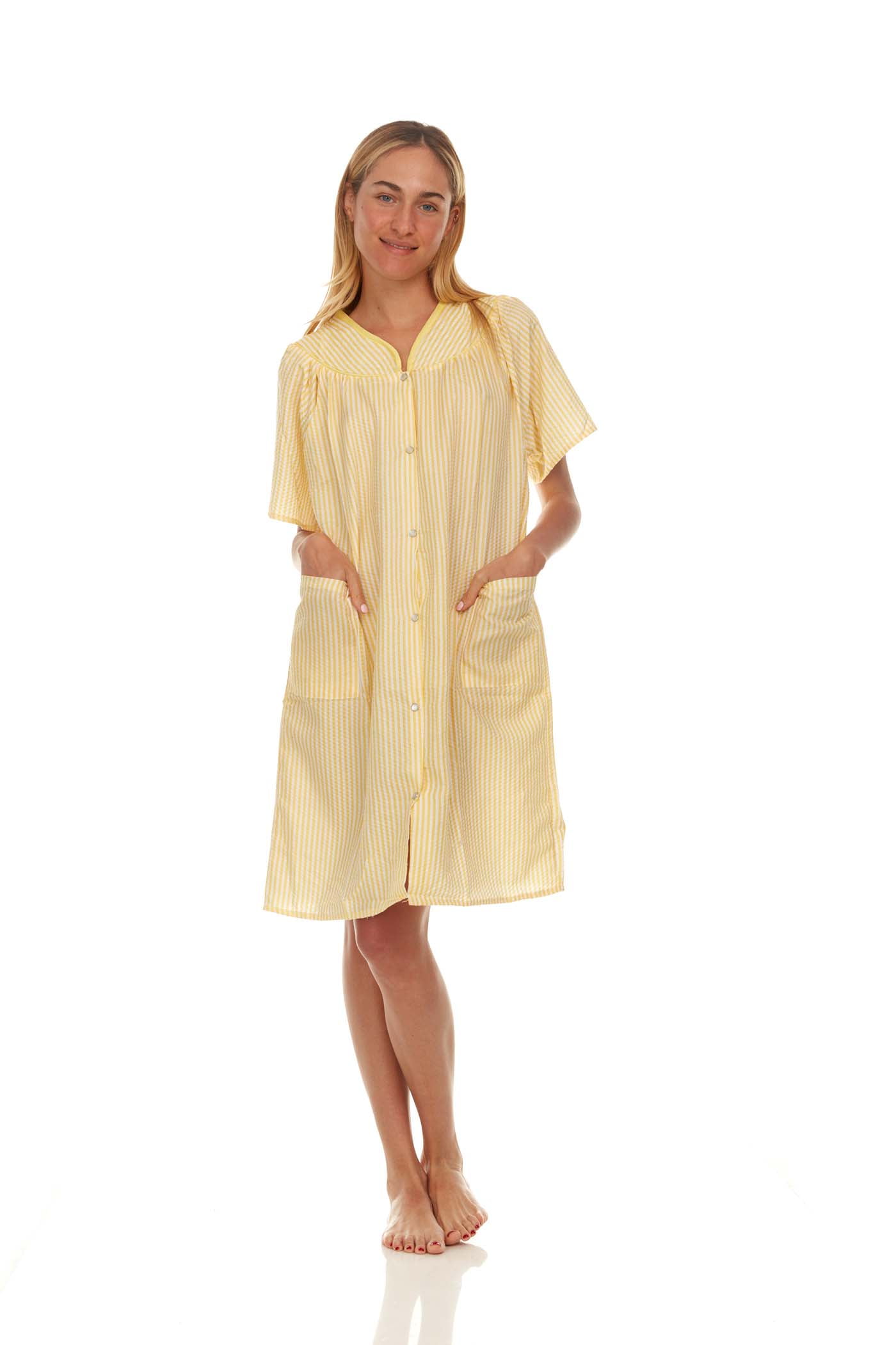Lati Fashion Women Snaps Front Duster Short Sleeve Female Nightgowns & Sleepshirts Yellow Size ...