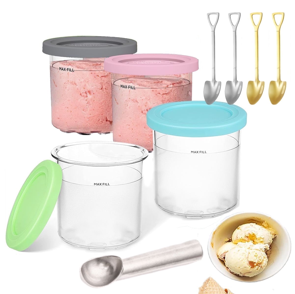 Ninja Creami 4 Pack Replacement Containers (16oz) with Spoons & Scoop ...