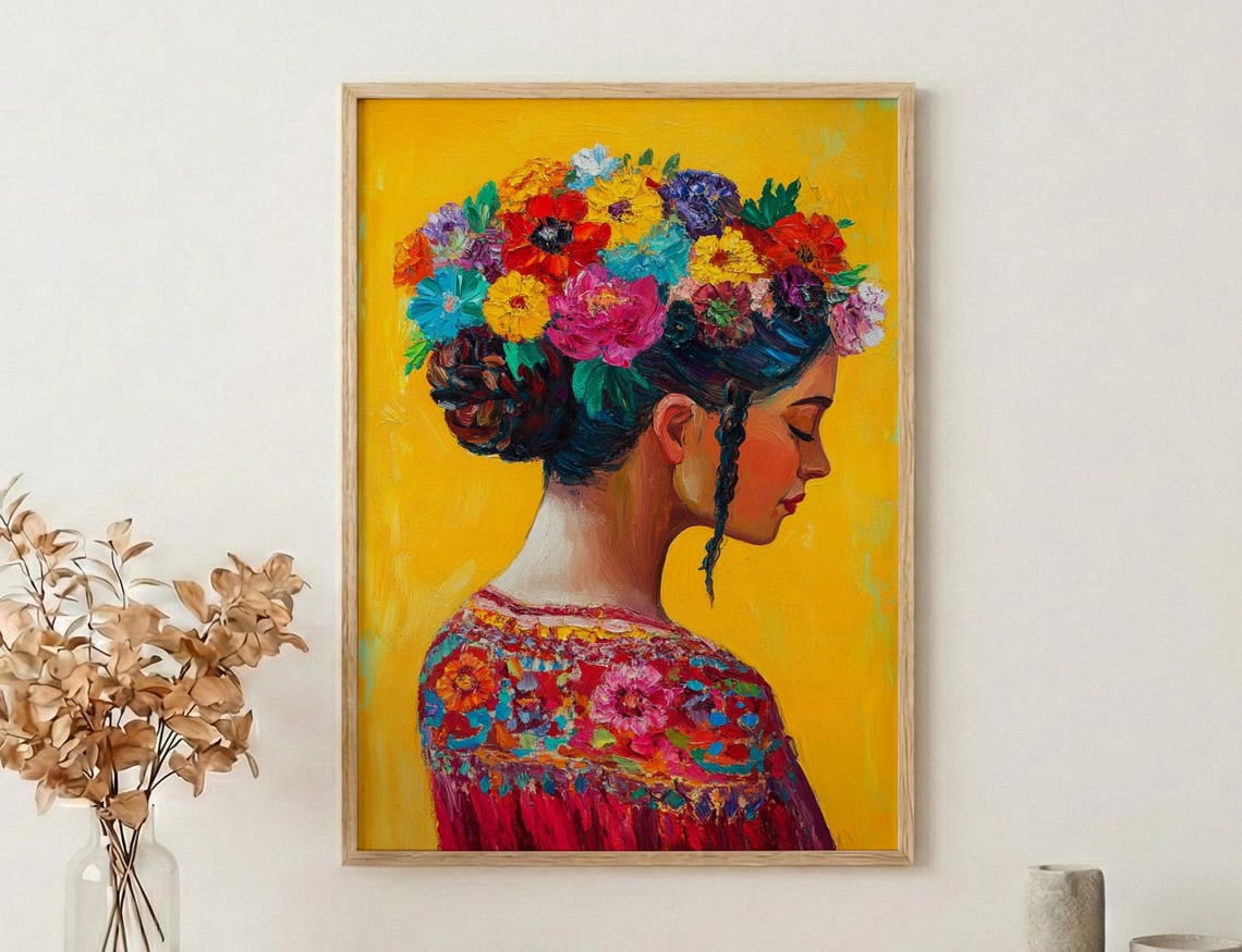 Latin American Woman Mexican Folklore Colorful Floral Headdress Yellow ...