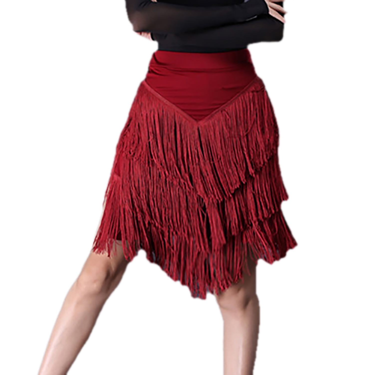 Latin Rumba Samba Tango Salsa Dance Routine Skirt Fringe Split Burgundy ...
