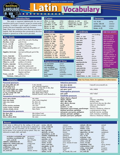 Latin Vocabulary: A Quickstudy Laminated Reference Guide, (Paperback ...