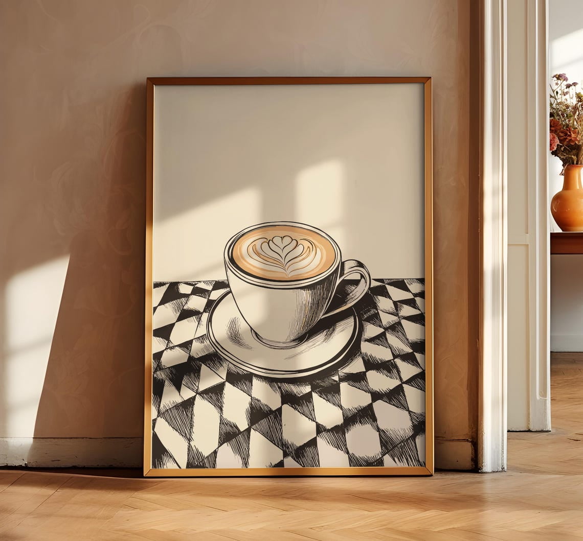 Latte Coffee Print, Retro Kitchen Drawing, Espresso Art, Aesthetic Wall ...
