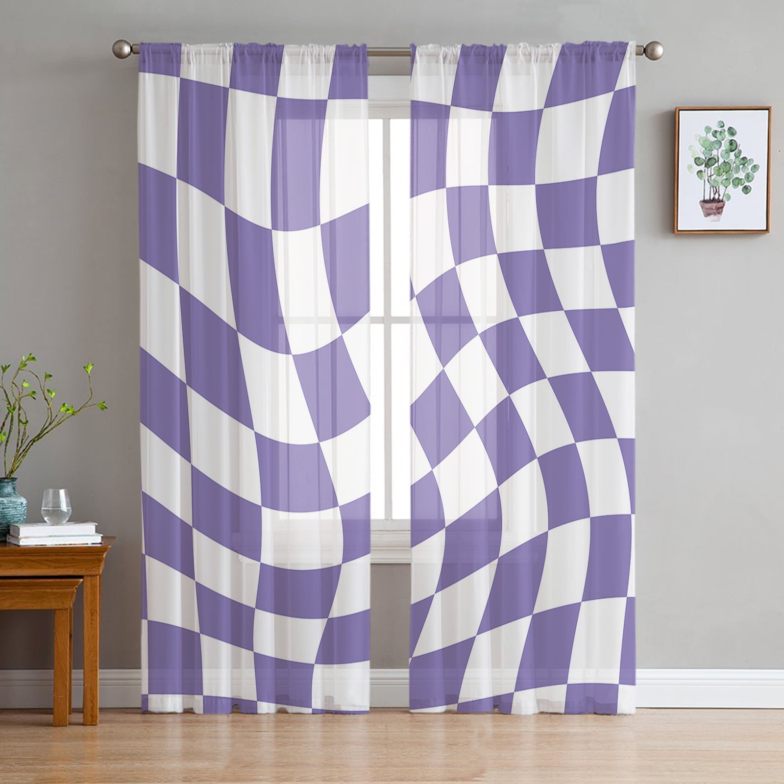 Lattice Block Purple Texture Tulle In Sheer Curtains For Living Room ...