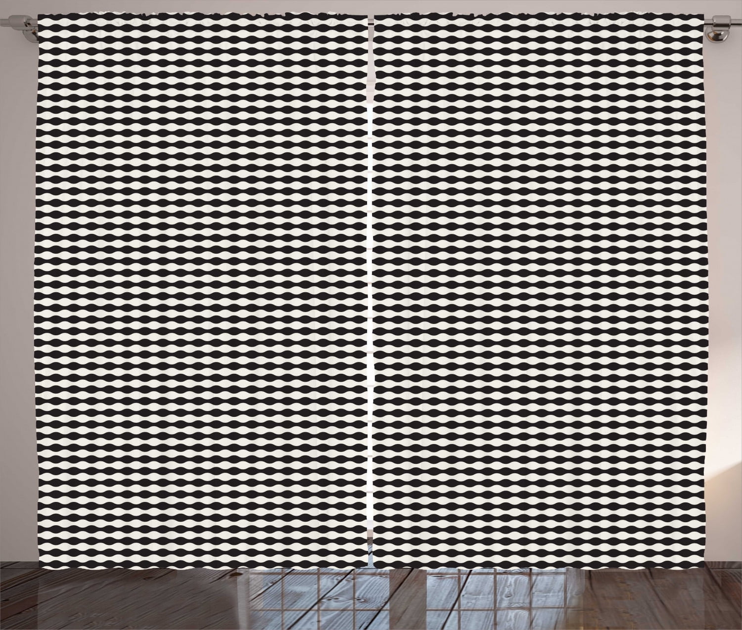 Lattice Curtains 2 Panels Set, Monochromatic Wavy Lines in Horizontal ...