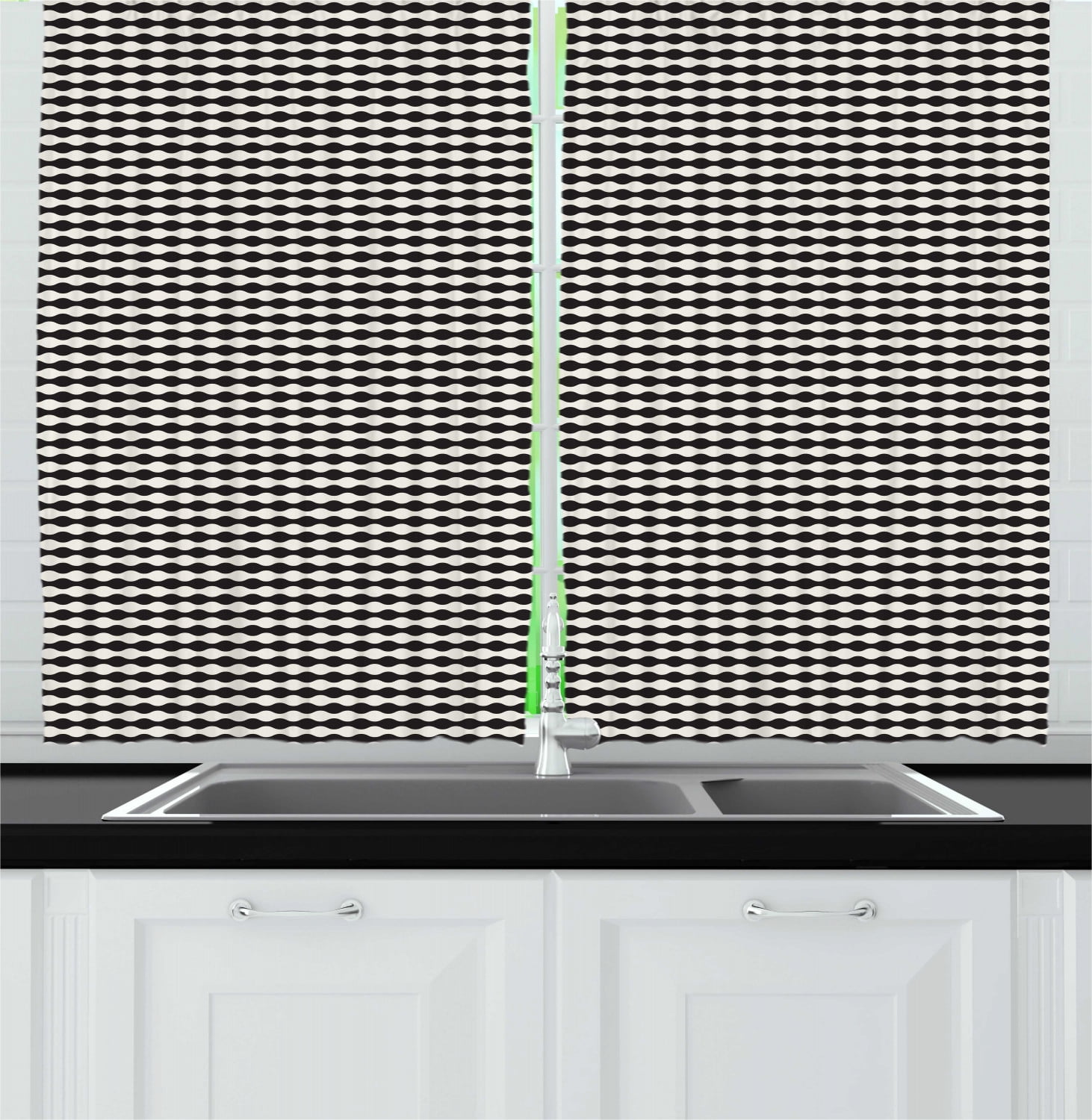 Lattice Curtains 2 Panels Set, Monochromatic Wavy Lines in Horizontal ...
