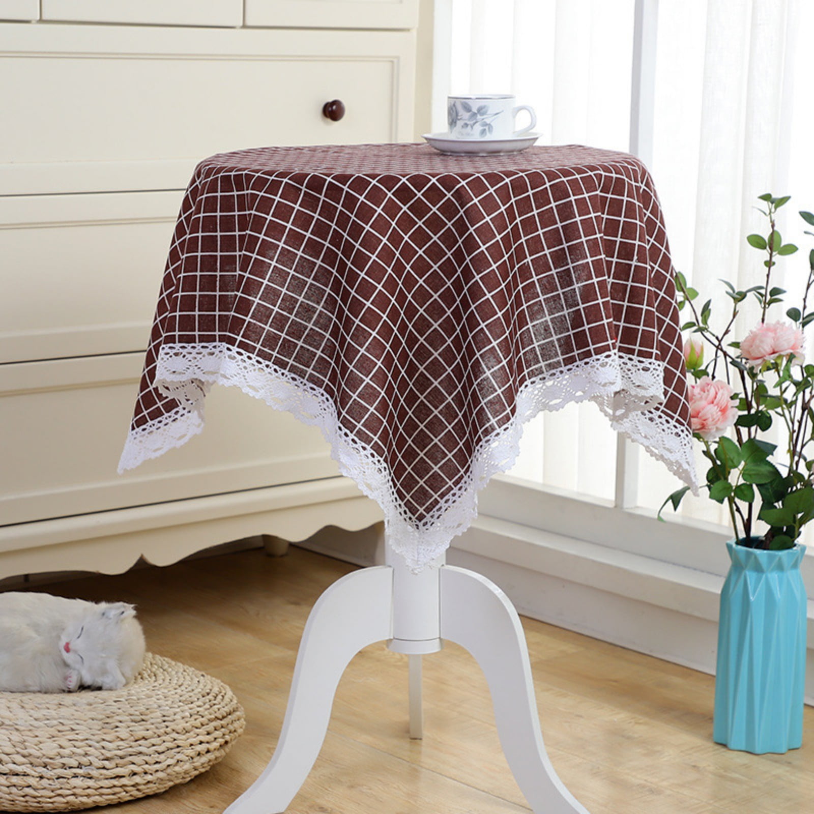 Lattice Small Square Tablecloth Cotton Linen Fabric Brown Checkered ...