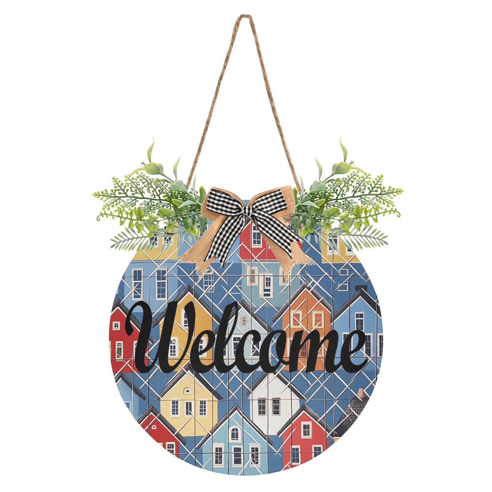 Lattice and Houses Welcome Sign for Front Door Wreath Door Sign for ...