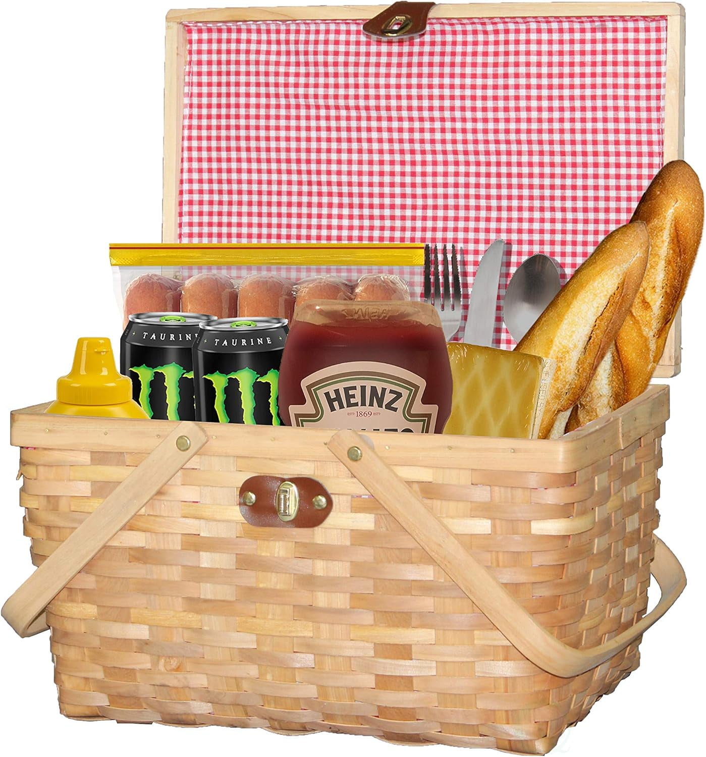 Lattice lined wood chip picnic basket with lid and removable handle ...