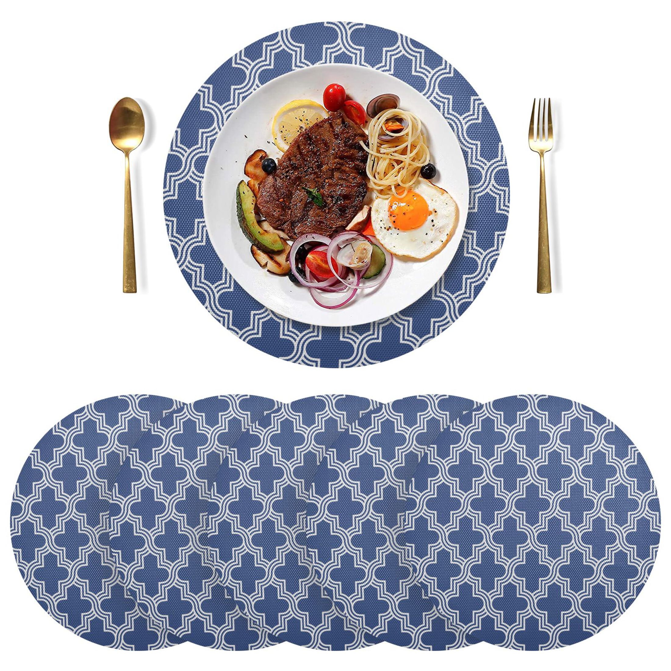 Lattice with Blue Round Plate Mats Non-Slip Place Mat Washable PVC ...