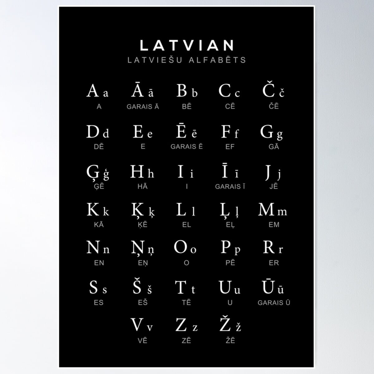 Latvian Alphabet Language Learning Chart, Black Poster Wall Art, Modern ...