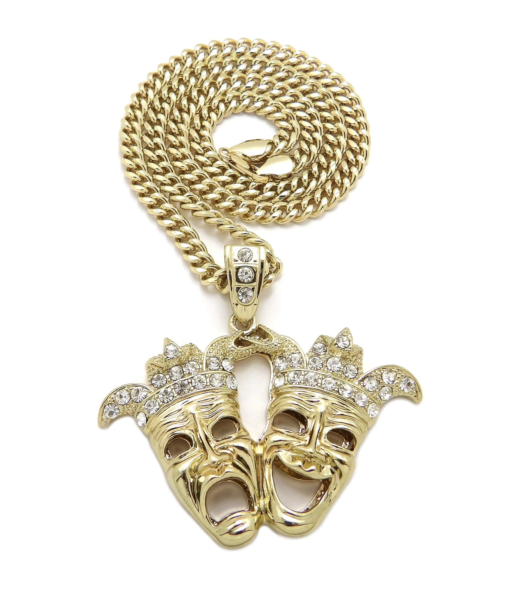 Laugh Now Cry Later Clown Pendant with 6mm Cuban Chain Necklace, Gold ...