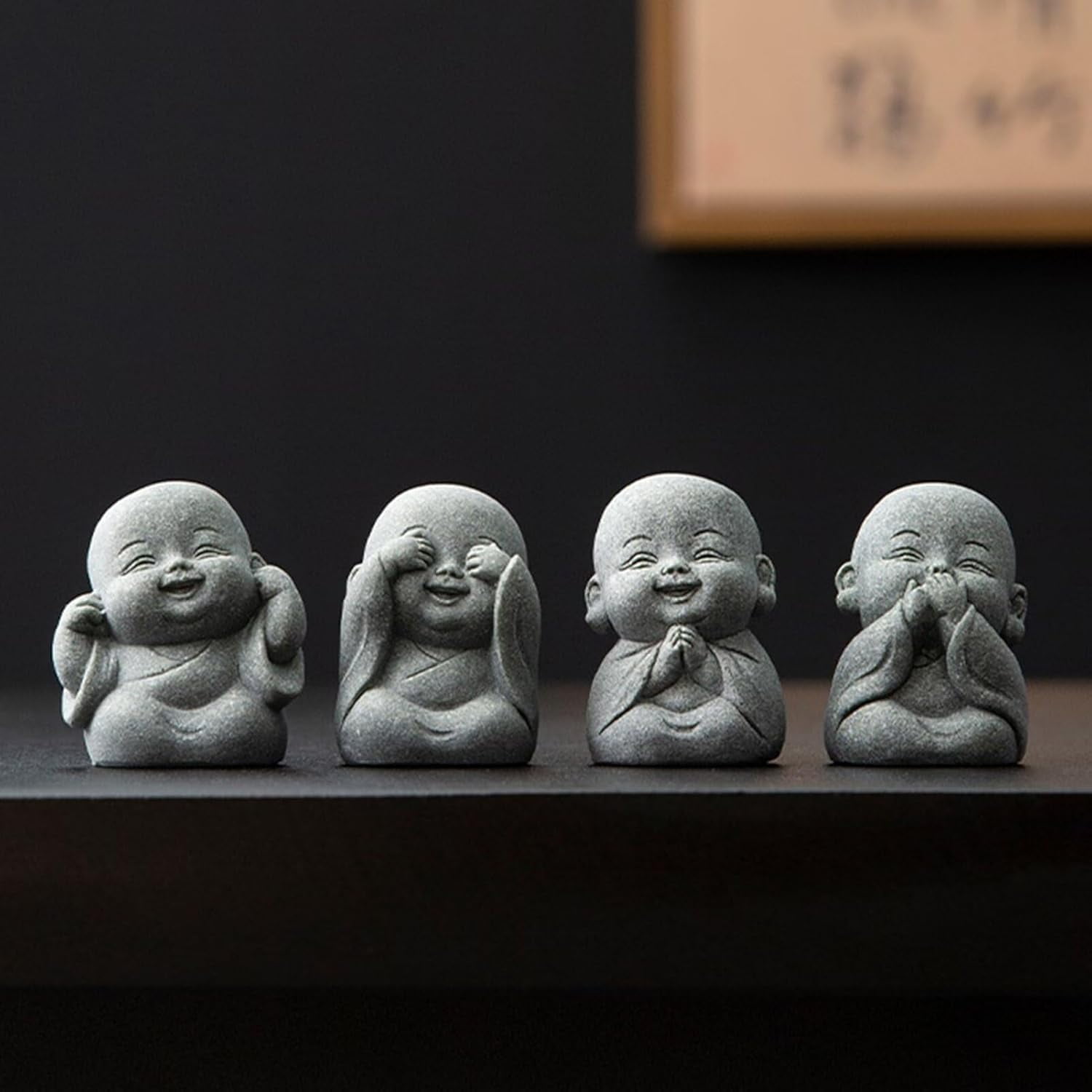 Laughing Buddha Statue Decor - 4Pcs Small Zen Monk Sandstone Buddha ...